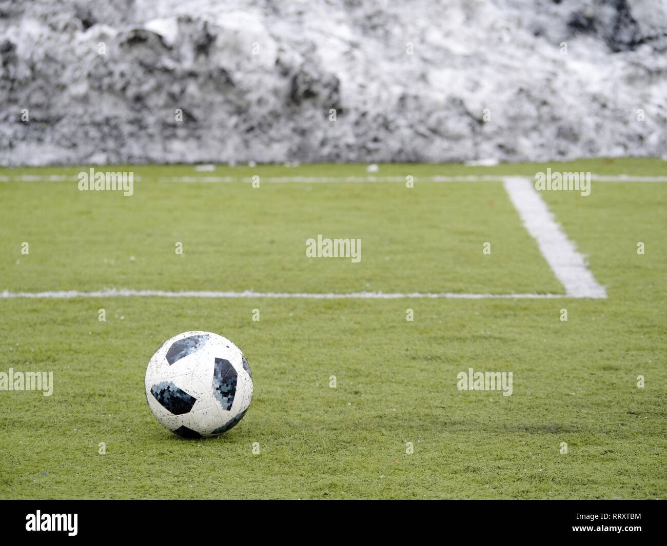 Training soccer field with snow at side line in winter season Stock ...