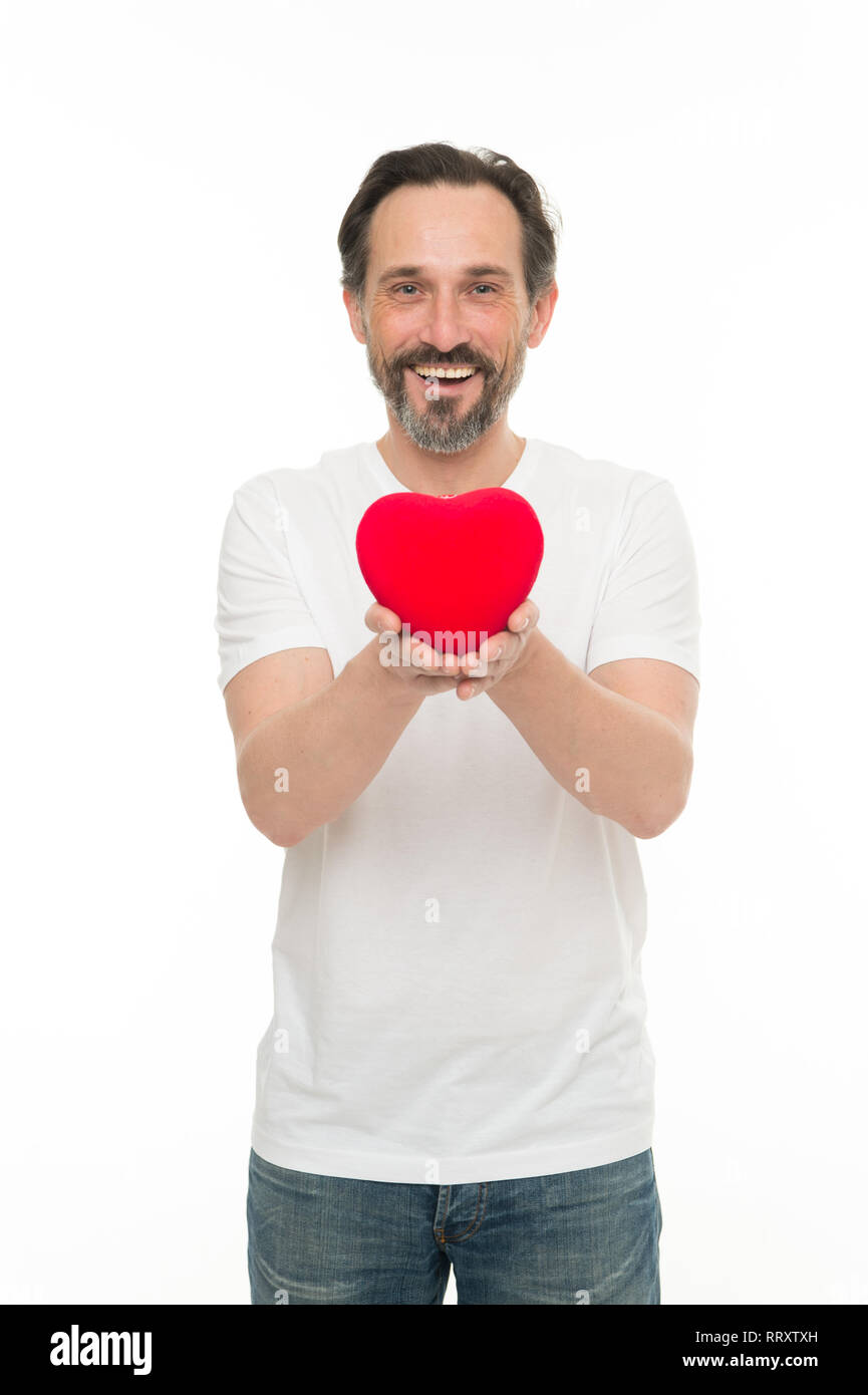 Being In Love Valentines Man Holding Red Toy Heart In Hands Handsome