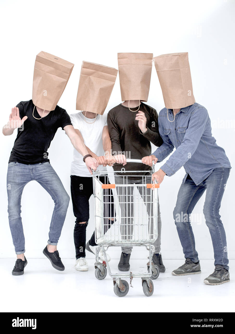 four men in a shopping concept on white Stock Photo - Alamy
