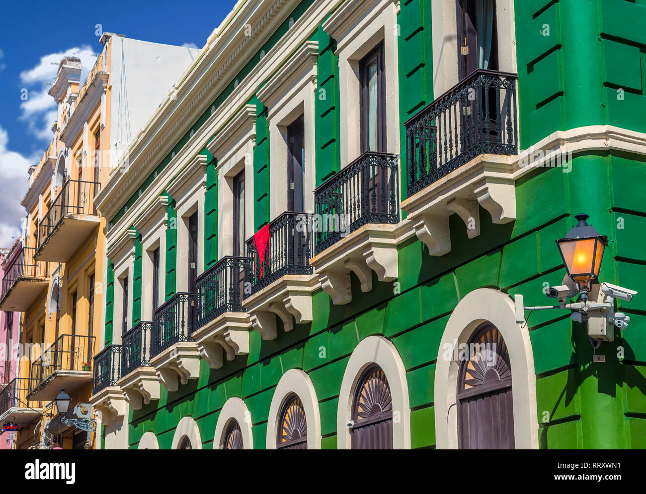 A colorful odl building on the narrow streets of Old San Juan, Puerto ...