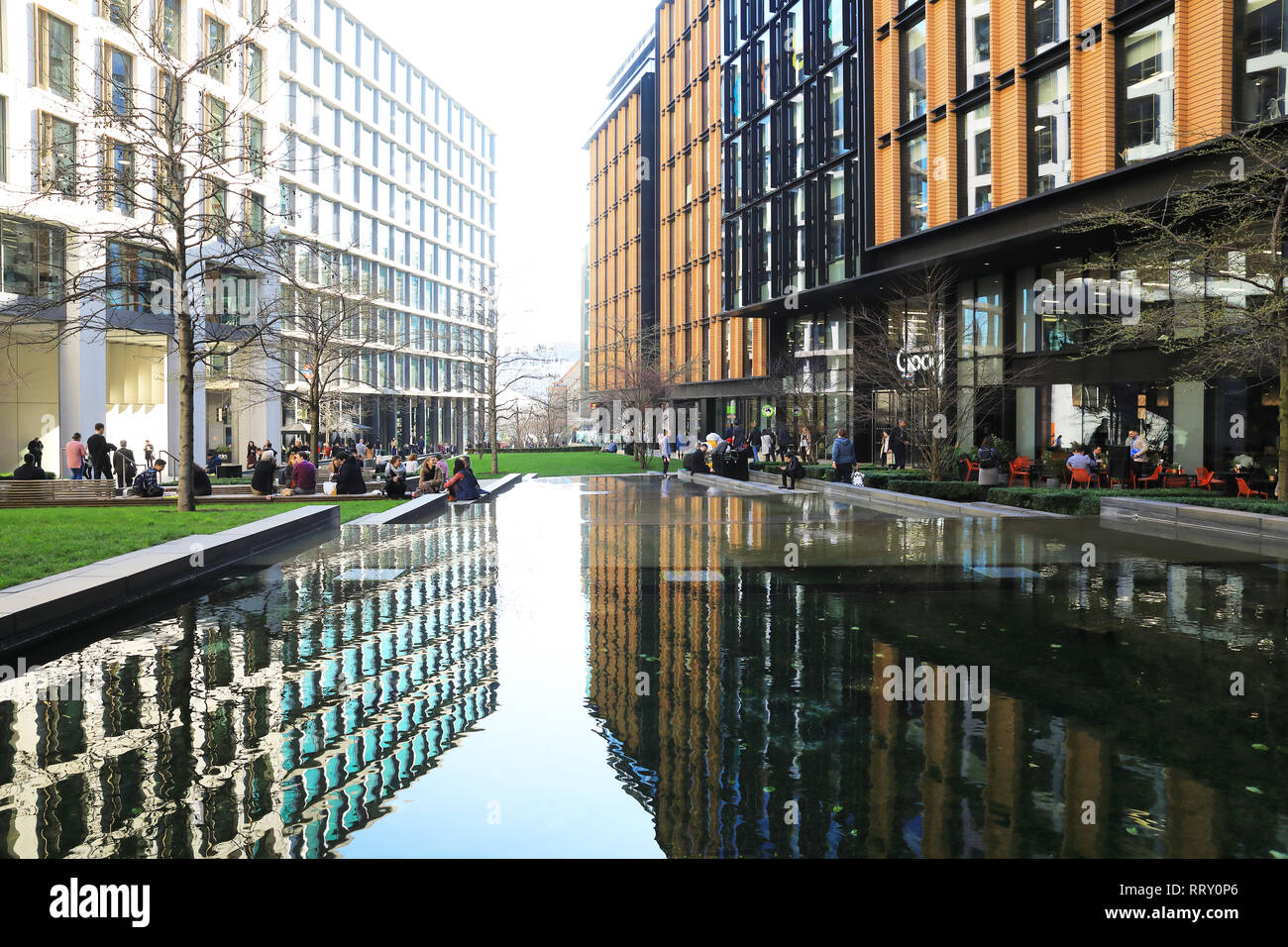 Pancras Square, in early spring sunshine, at Kings Cross, north London ...