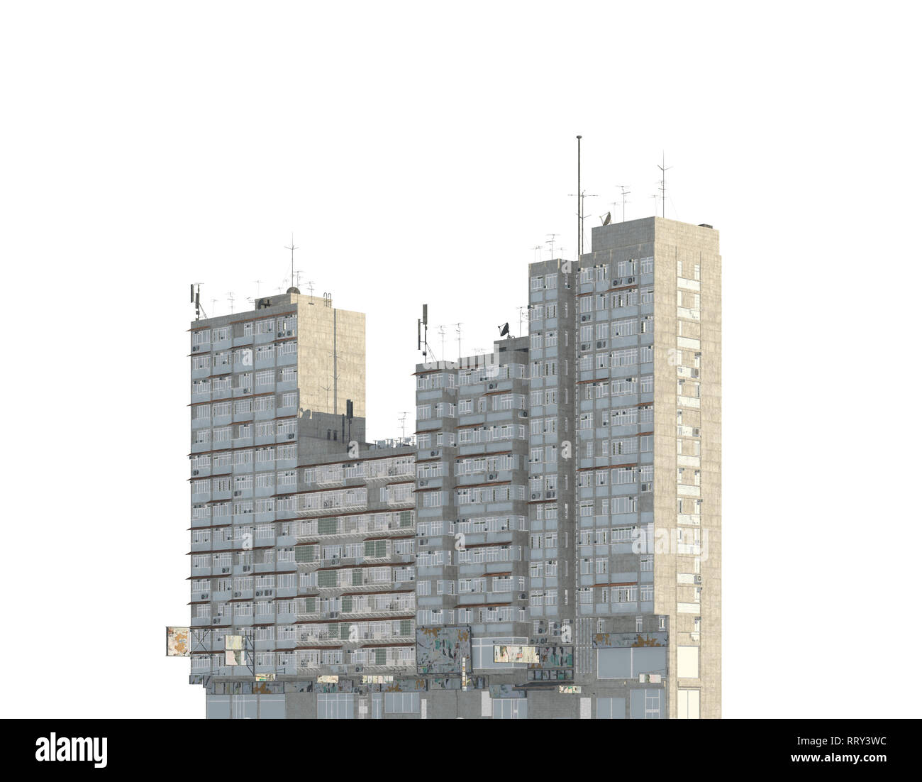 3D illustration slums futuristic buildings isolated on white background ...