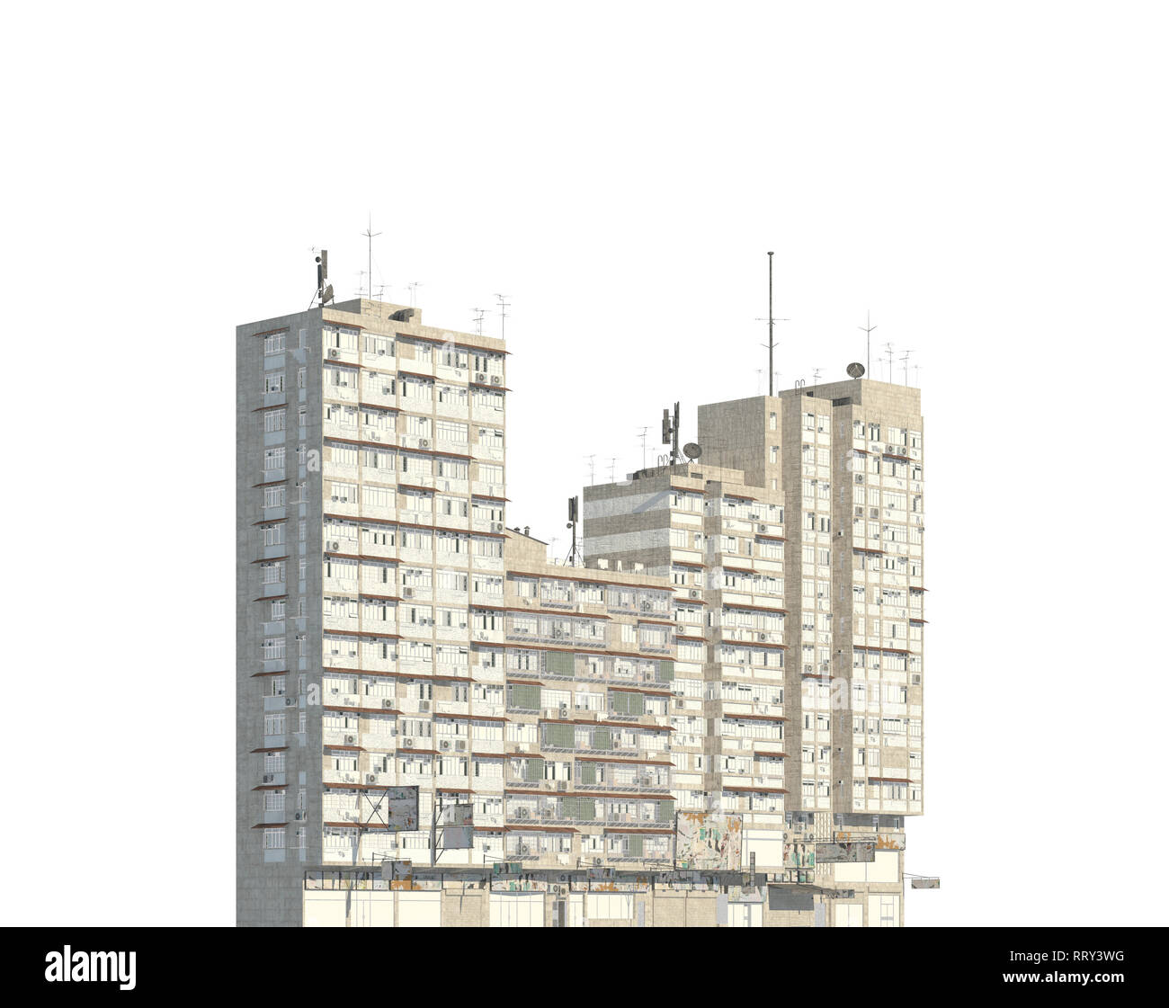 3D illustration slums futuristic buildings isolated on white background ...