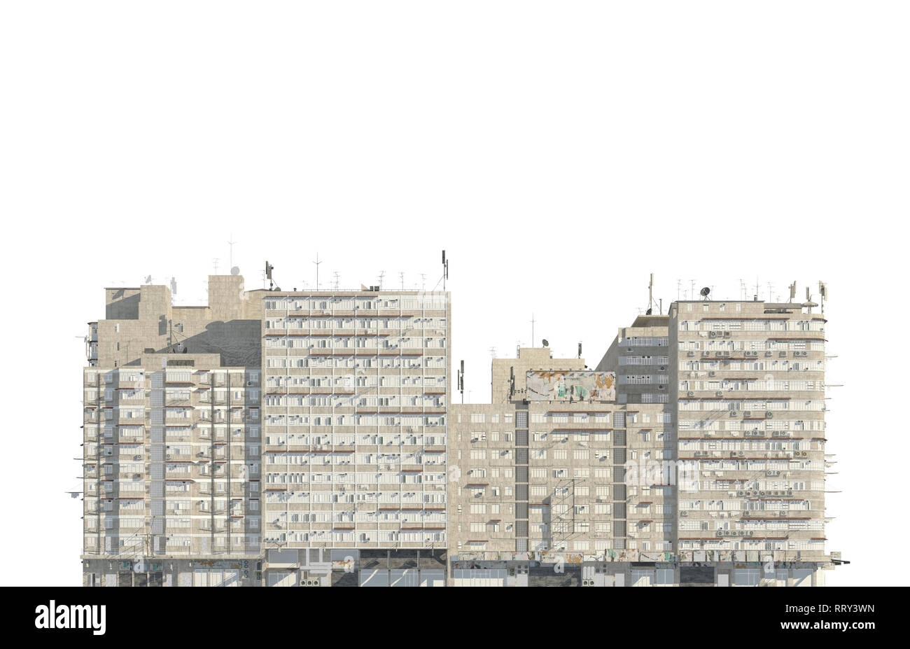 3D illustration slums futuristic buildings isolated on white background ...