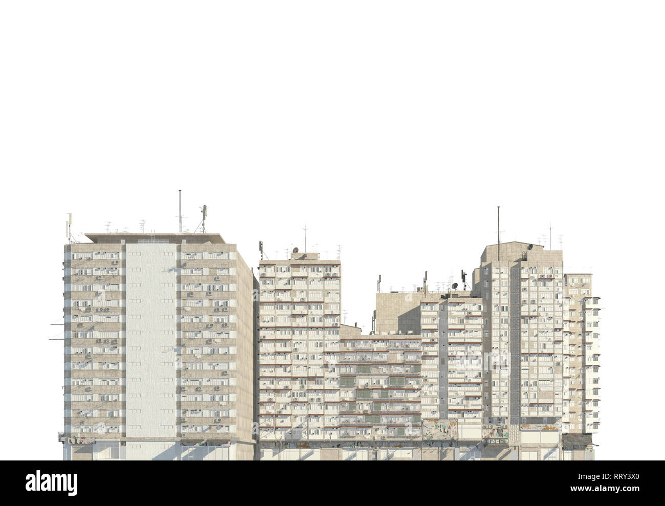 3D illustration slums futuristic buildings isolated on white background ...