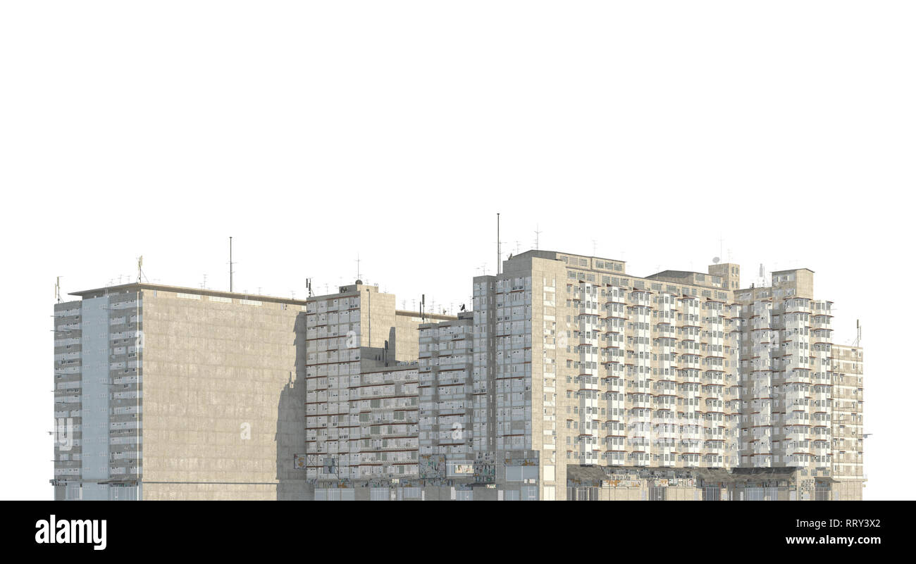 3D illustration slums futuristic buildings isolated on white background ...