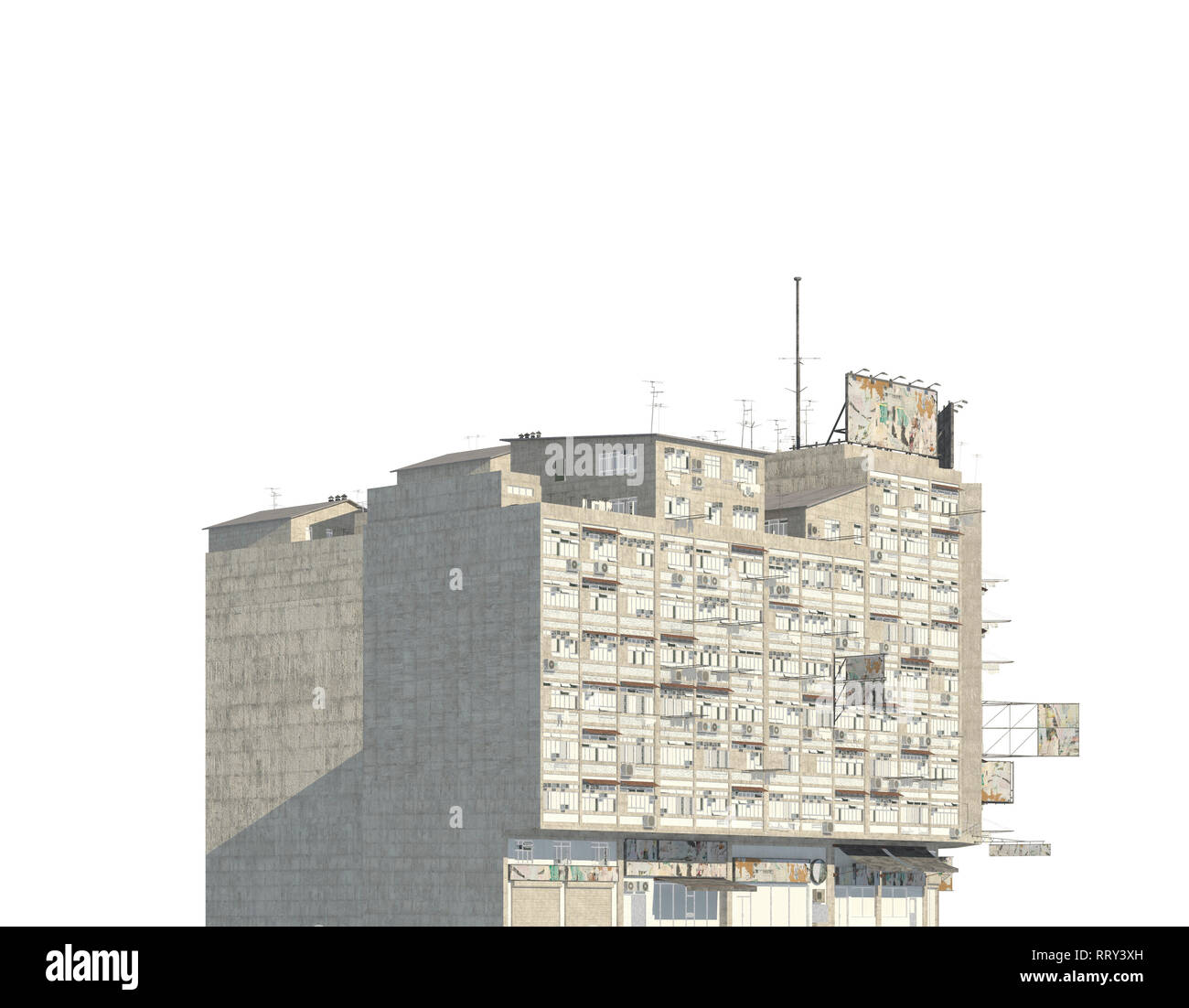 3D illustration slums futuristic buildings isolated on white background ...