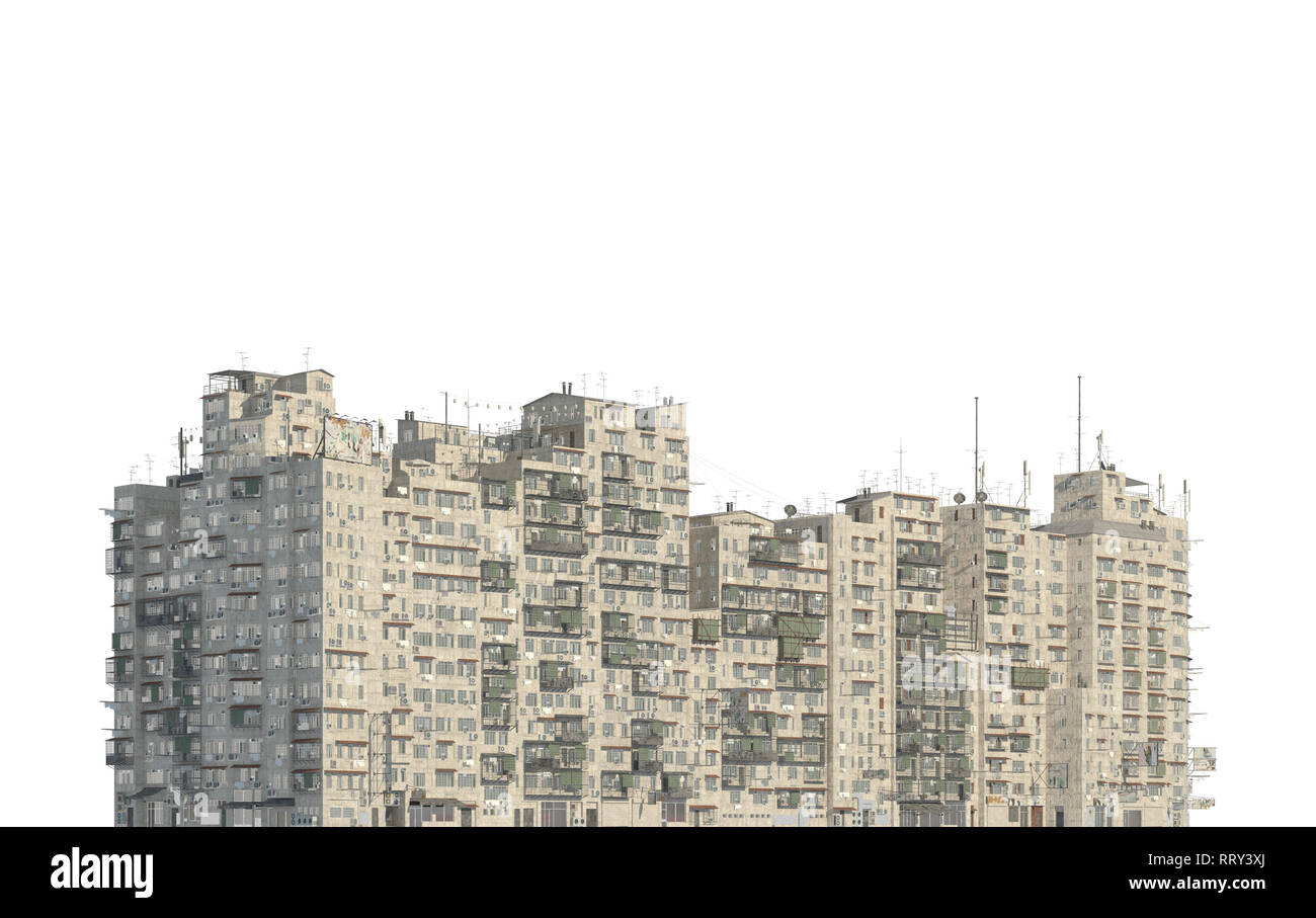 3D illustration slums futuristic buildings isolated on white background ...