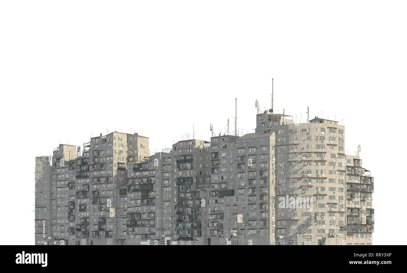 3D illustration slums futuristic buildings isolated on white background ...