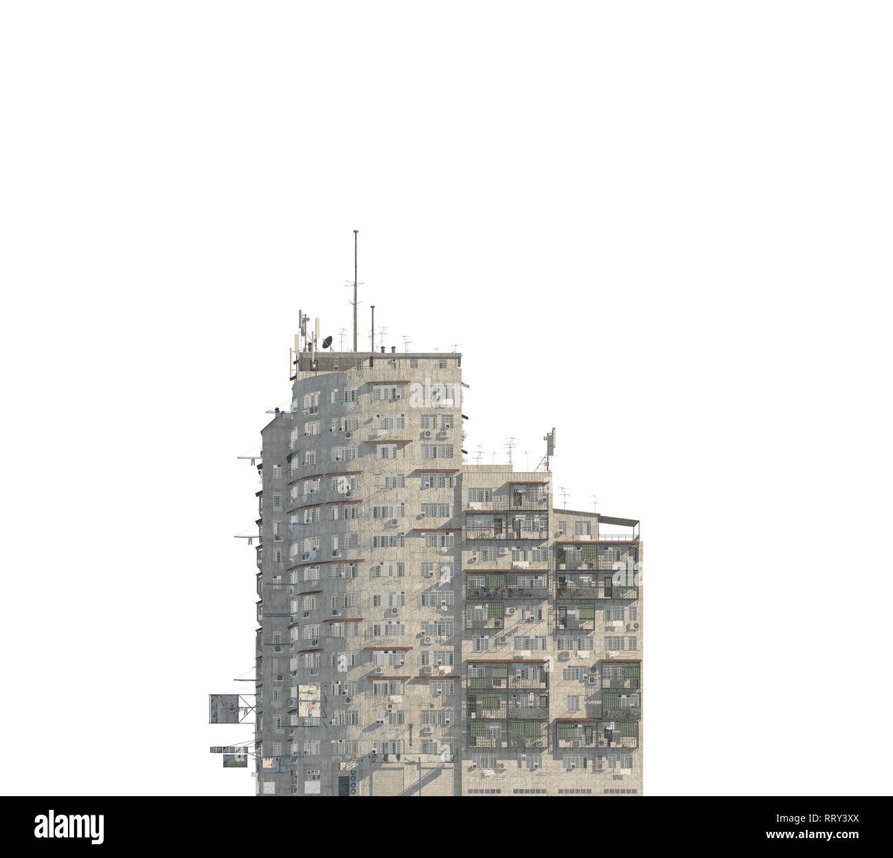 3D illustration slums futuristic buildings isolated on white background ...