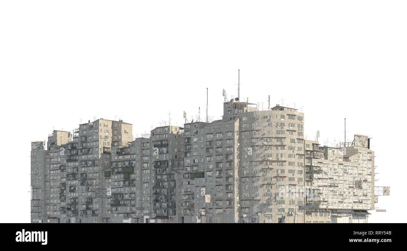 3D illustration slums futuristic buildings isolated on white background ...