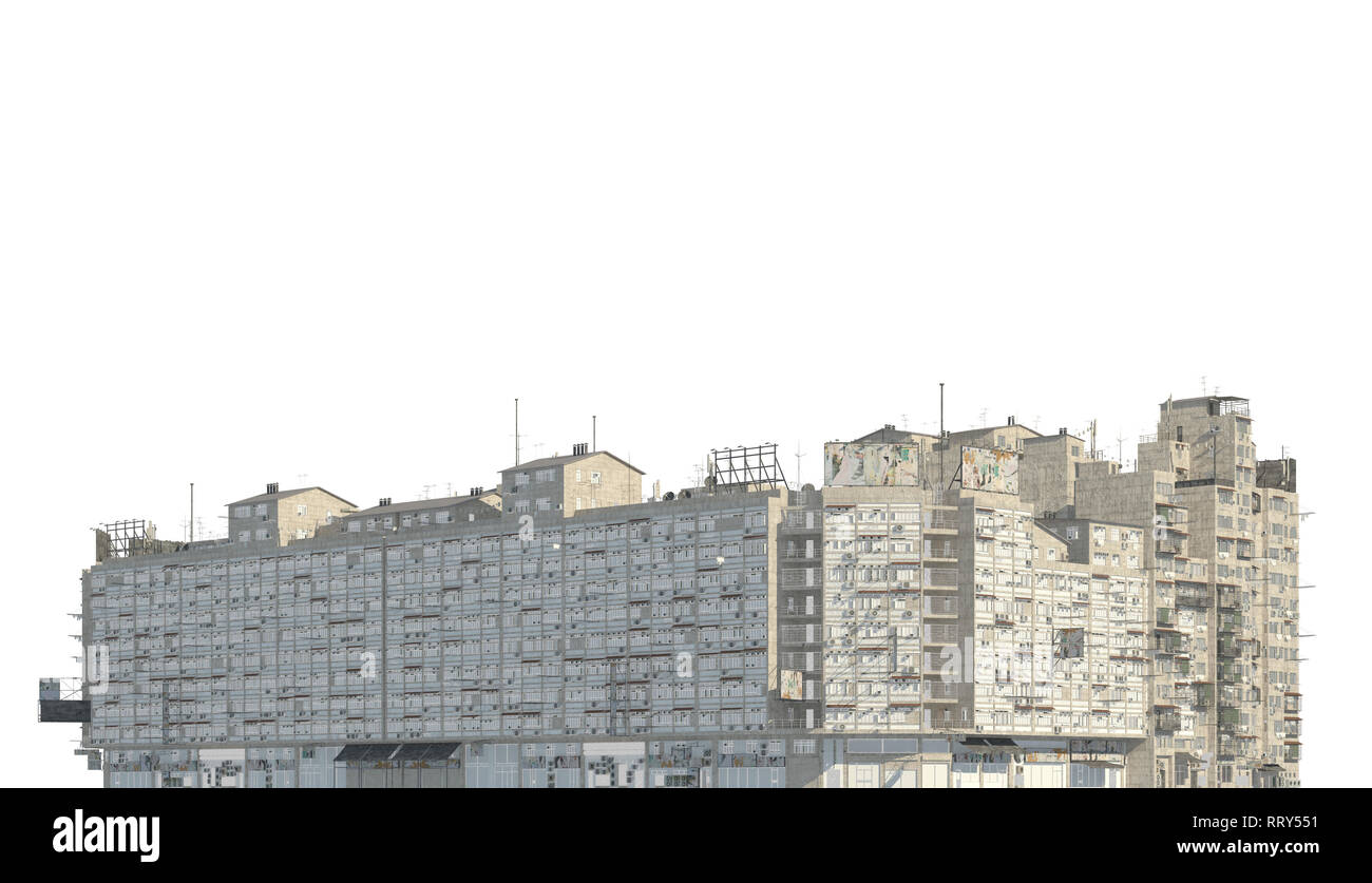 3D illustration slums futuristic buildings isolated on white background ...