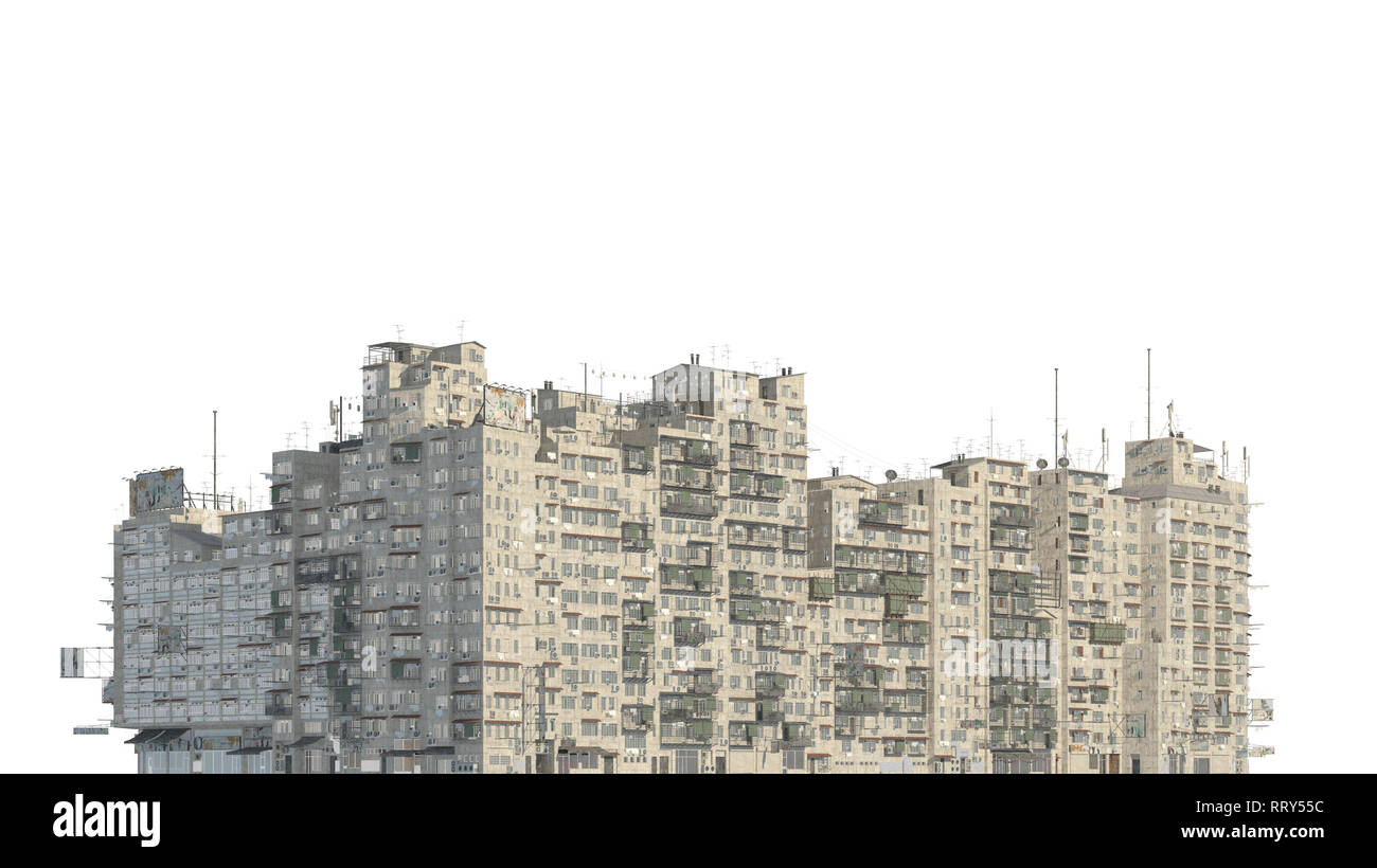 3D illustration slums futuristic buildings isolated on white background ...