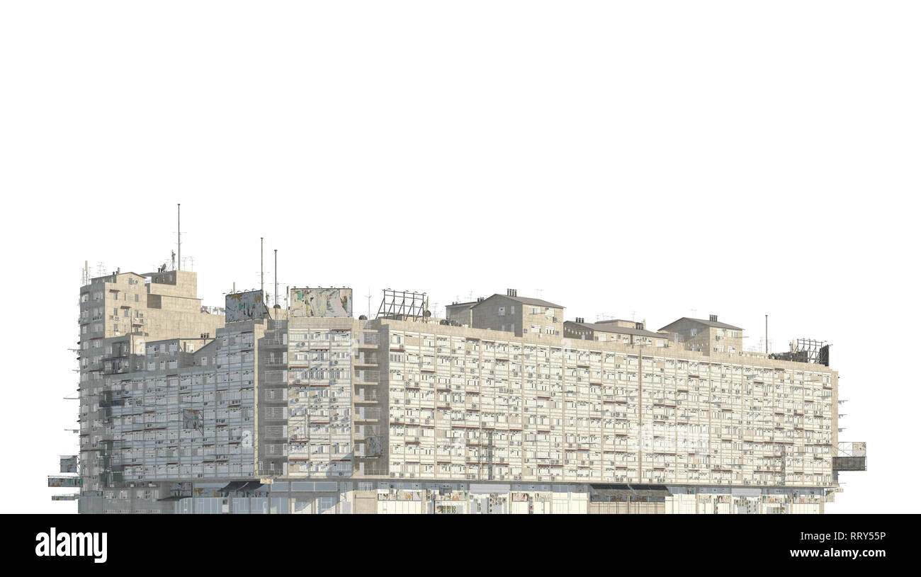 3D illustration slums futuristic buildings isolated on white background ...