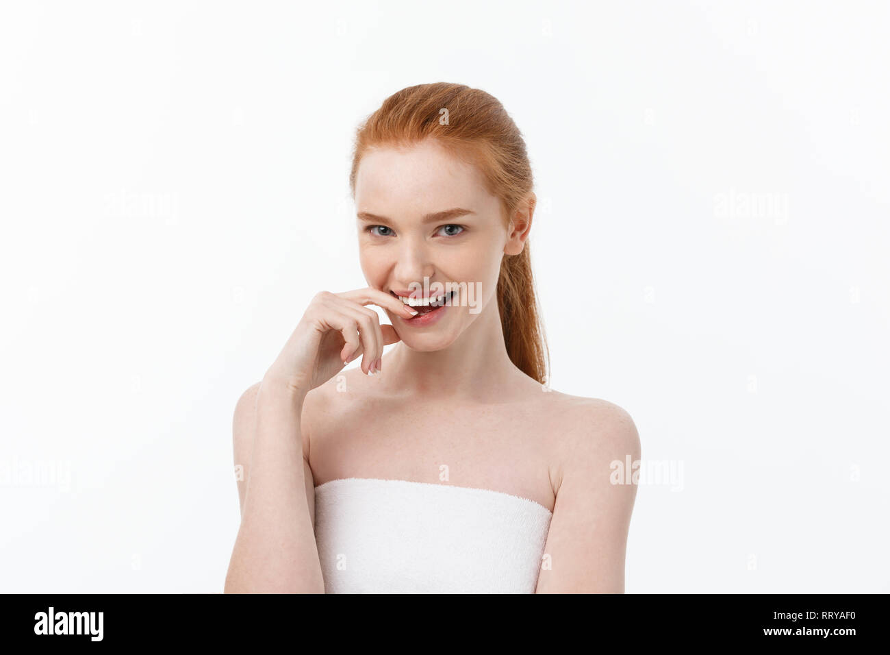 Happy beautiful girl is happy smiling and laughing look stright ...