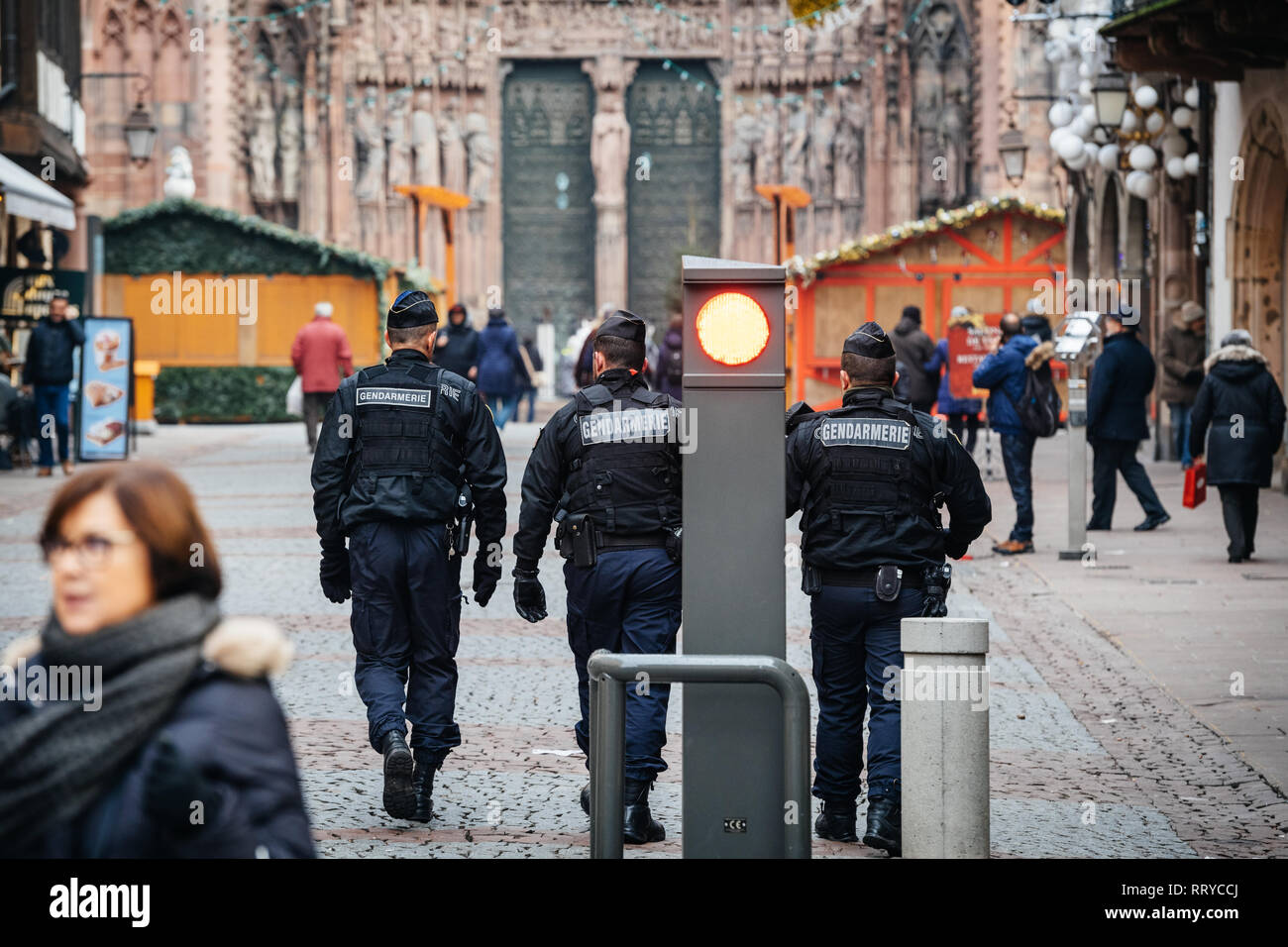 STRASBOURG, FRANCE - DEC 11, 2018: French Police officers securing zone ...