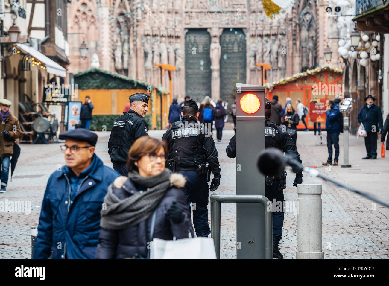 STRASBOURG, FRANCE - DEC 11, 2018: French Police officers securing zone ...