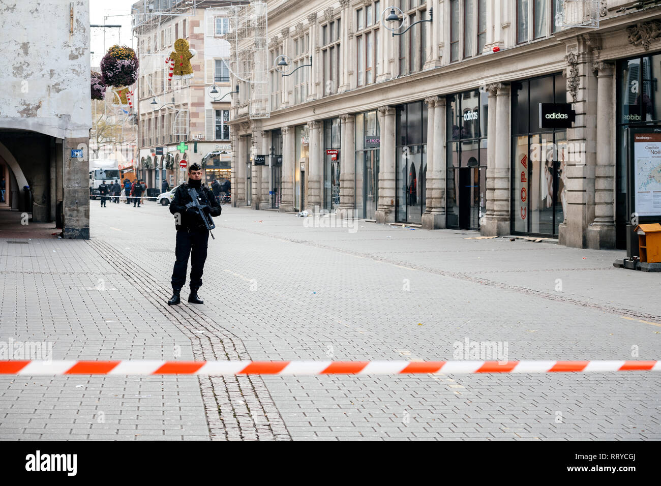 STRASBOURG, FRANCE - DEC 11, 2018: French Police officers securing Rue ...