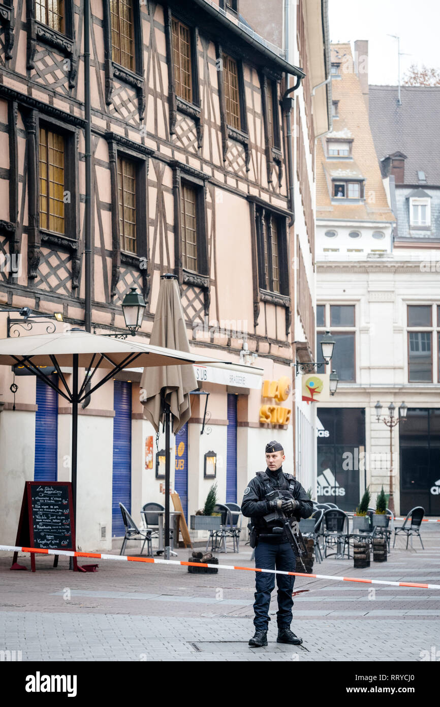 STRASBOURG, FRANCE - DEC 11, 2018: French Police officers securing Rue ...