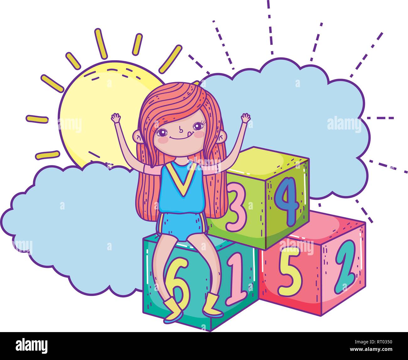 little girl playing with blocks numbers in the clouds Stock Vector ...