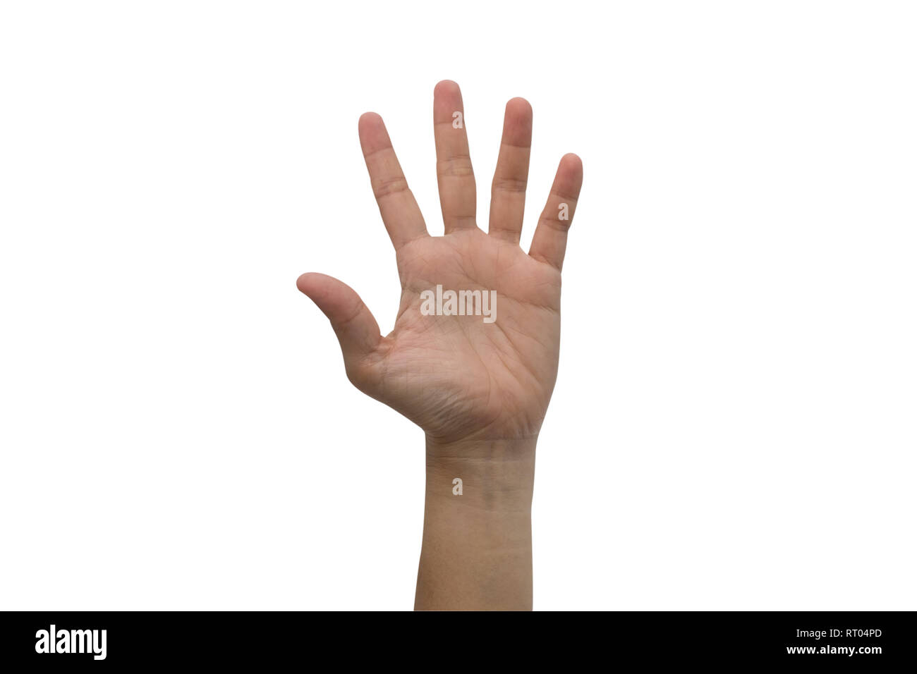 One hand raised high up isolated on white background Stock Photo - Alamy