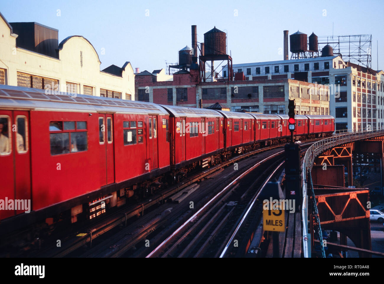Number 7 Subway "Redbird" on Elevated Tracks in Queens, 1995, NYC, USA ...