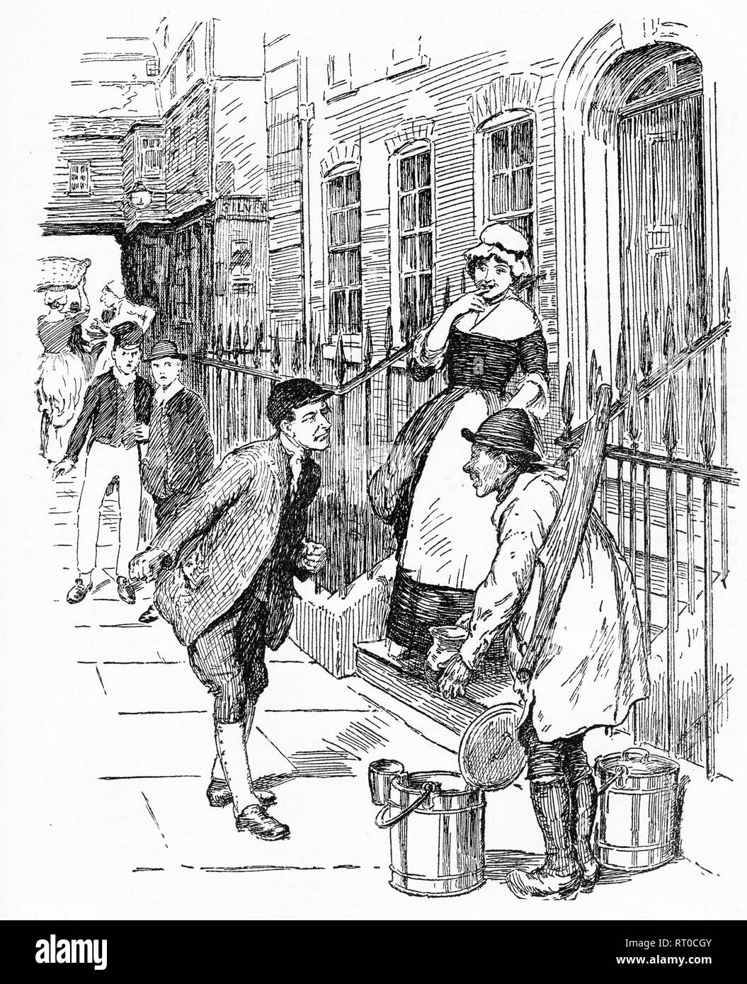 Engraving of an amused maid watching two men arguing in the street ...