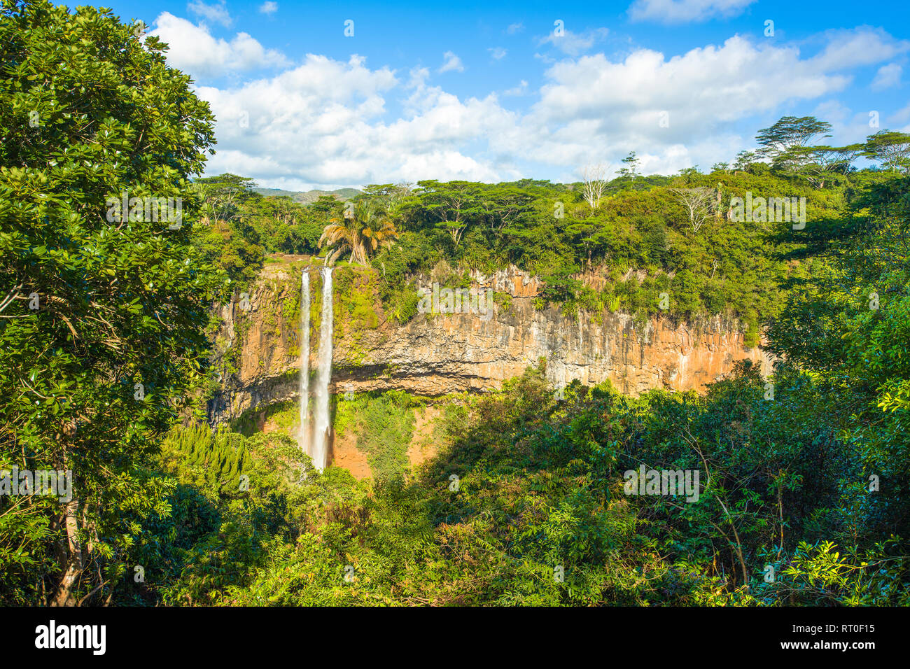Beautiful landscape of Chamarel Waterfall in the tropical jungle of ...