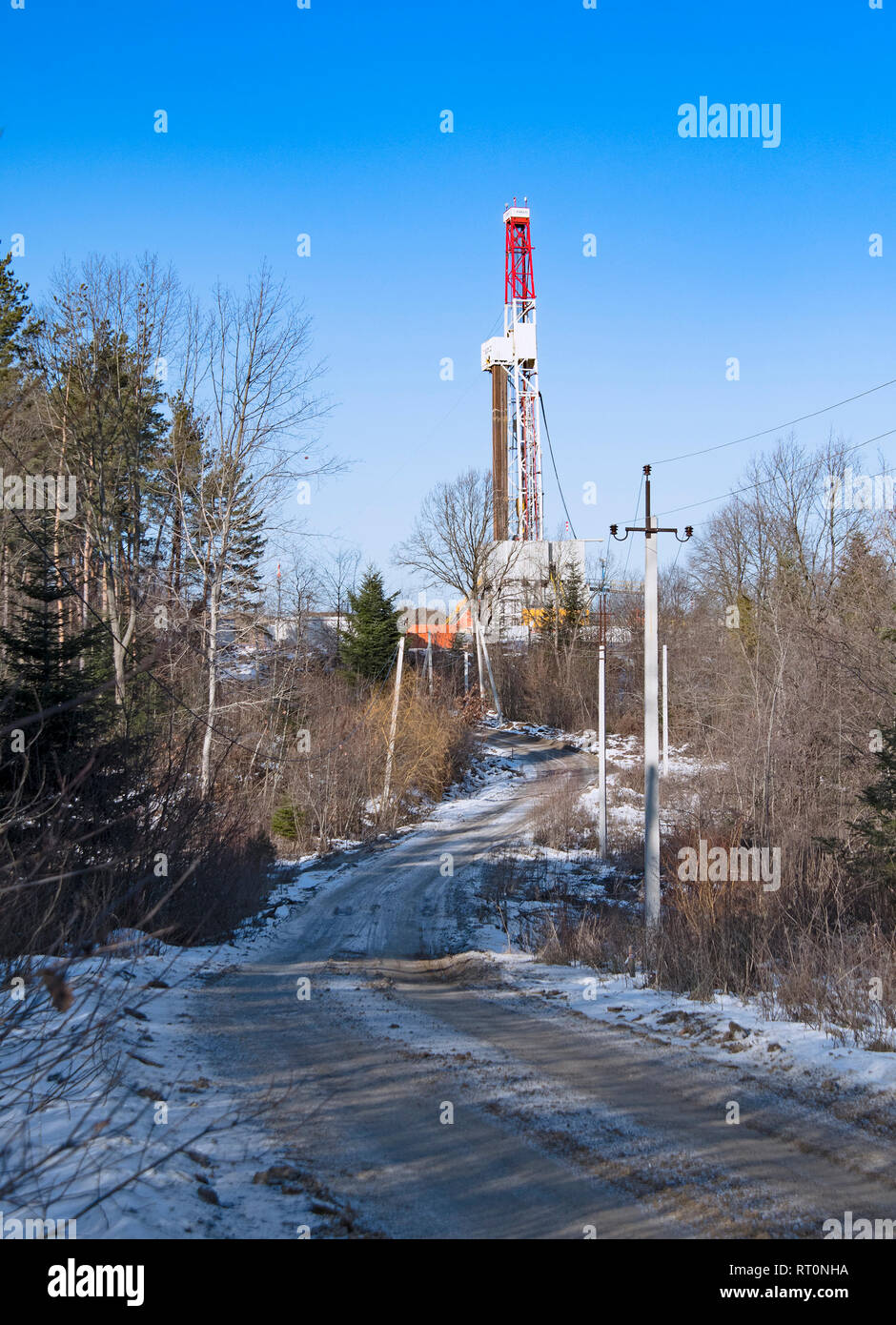 Drilling a deep well with a drilling rig at an oil and gas field Stock ...