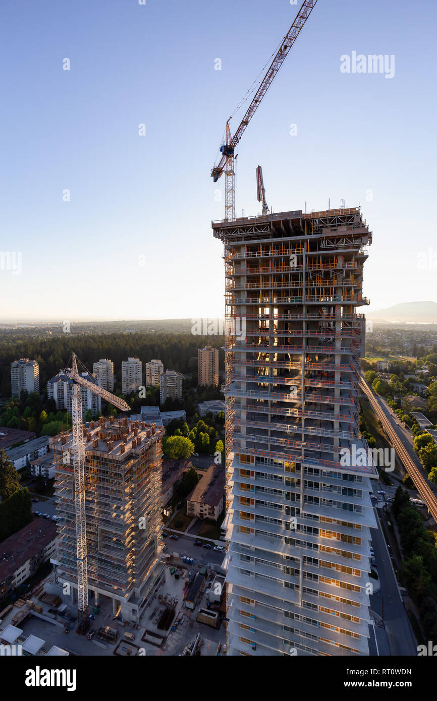 Aerial view of a residential building construction site during a ...