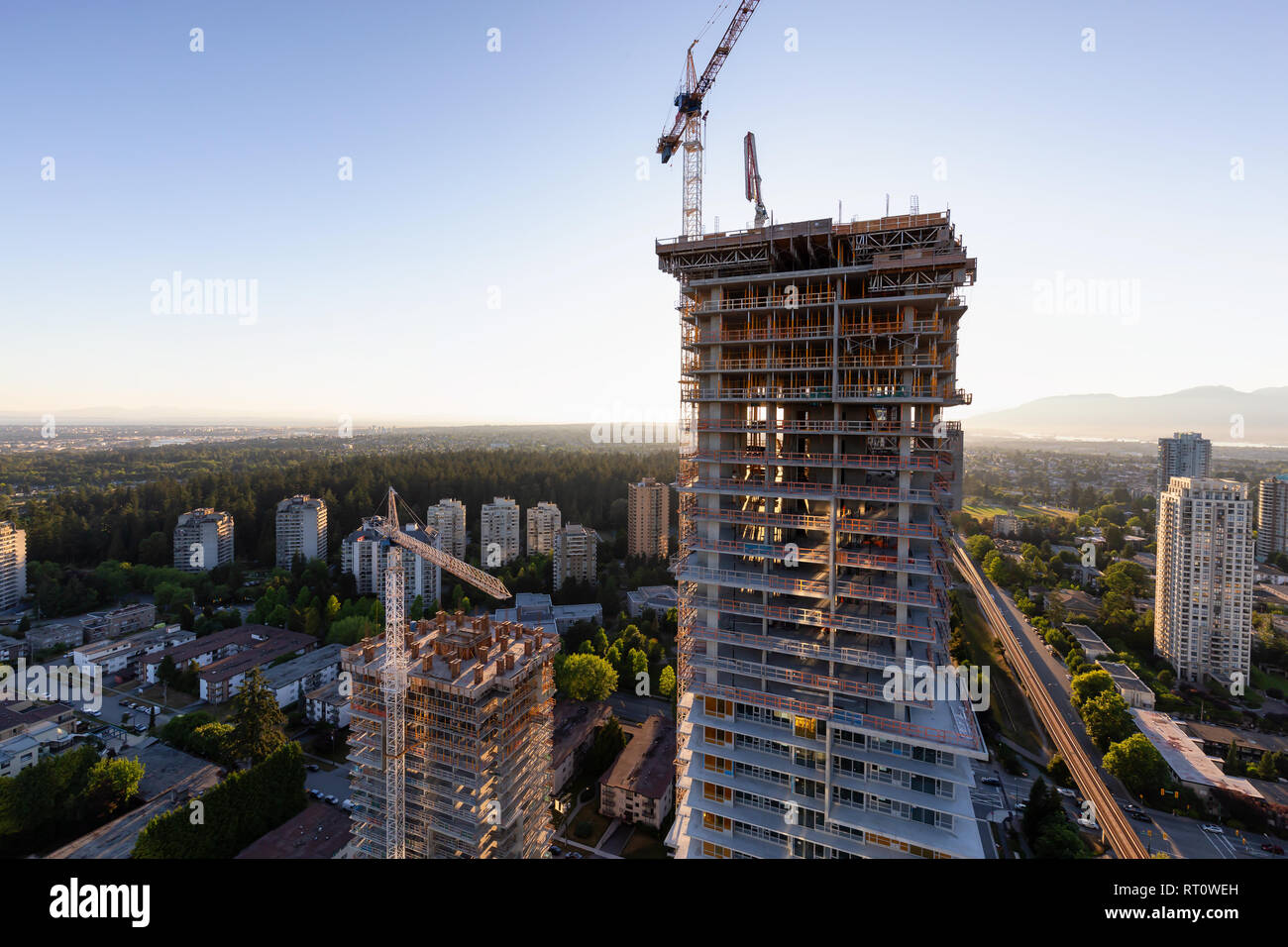 Aerial view of a residential building construction site during a ...