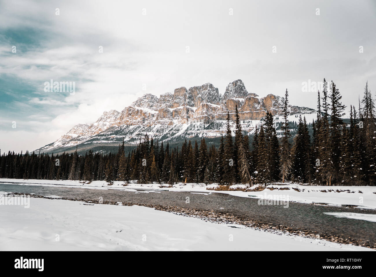 Scenic Bow river and Castle Mountain in winter, Banff National Park Alberta Canada Stock Photo ...