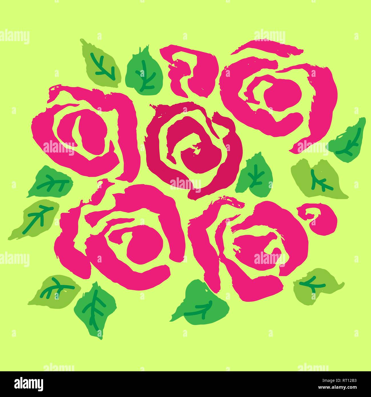Abstract grunge ink flower background. Roses pink and green brush ...