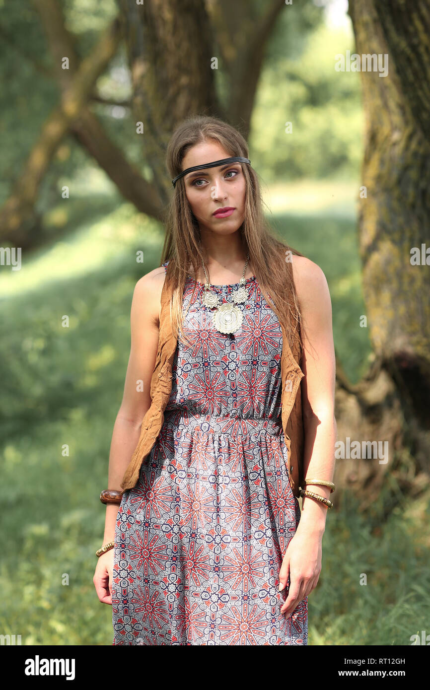 beautiful hippie girl on spring forest background Stock Photo - Alamy