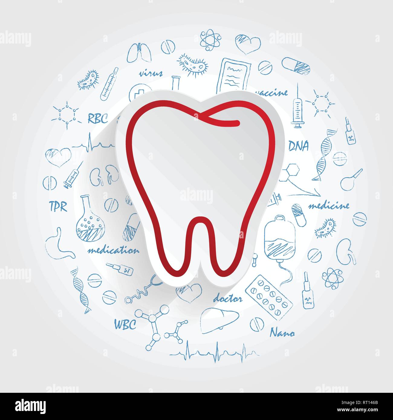 Tooth vector silhouette on handdrawn healthcare doodles background ...