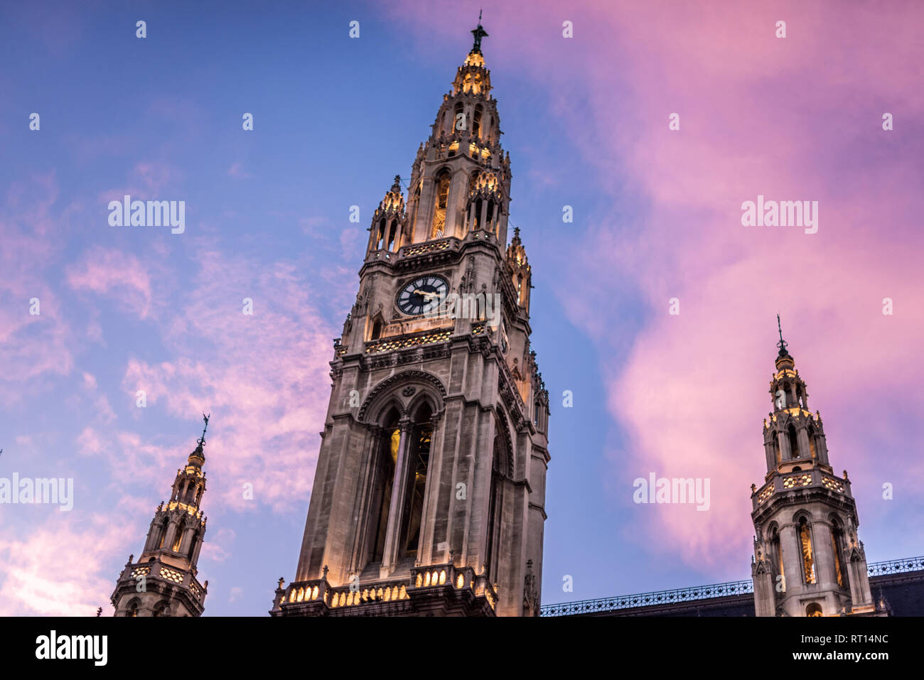 Vienna, Austria - December 24, 2017. Neo-gothic viennese Rathaus Clock ...