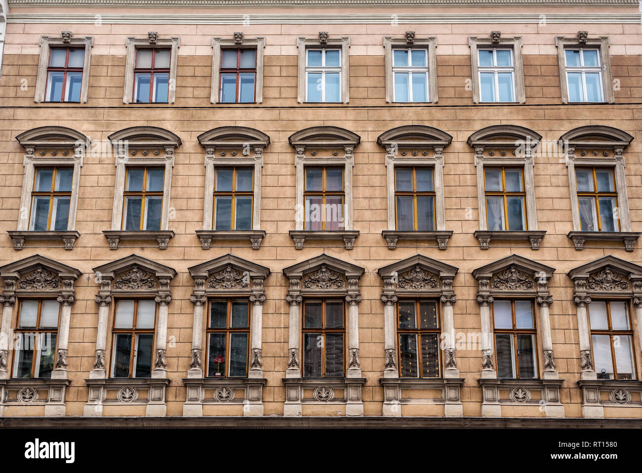 Vienna, Austria - December 27, 2017. Old european windows with molding ...