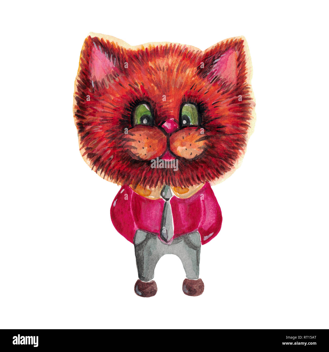 Watercolour illustration of a cat the boy in the dress. Red cat cartoon ...