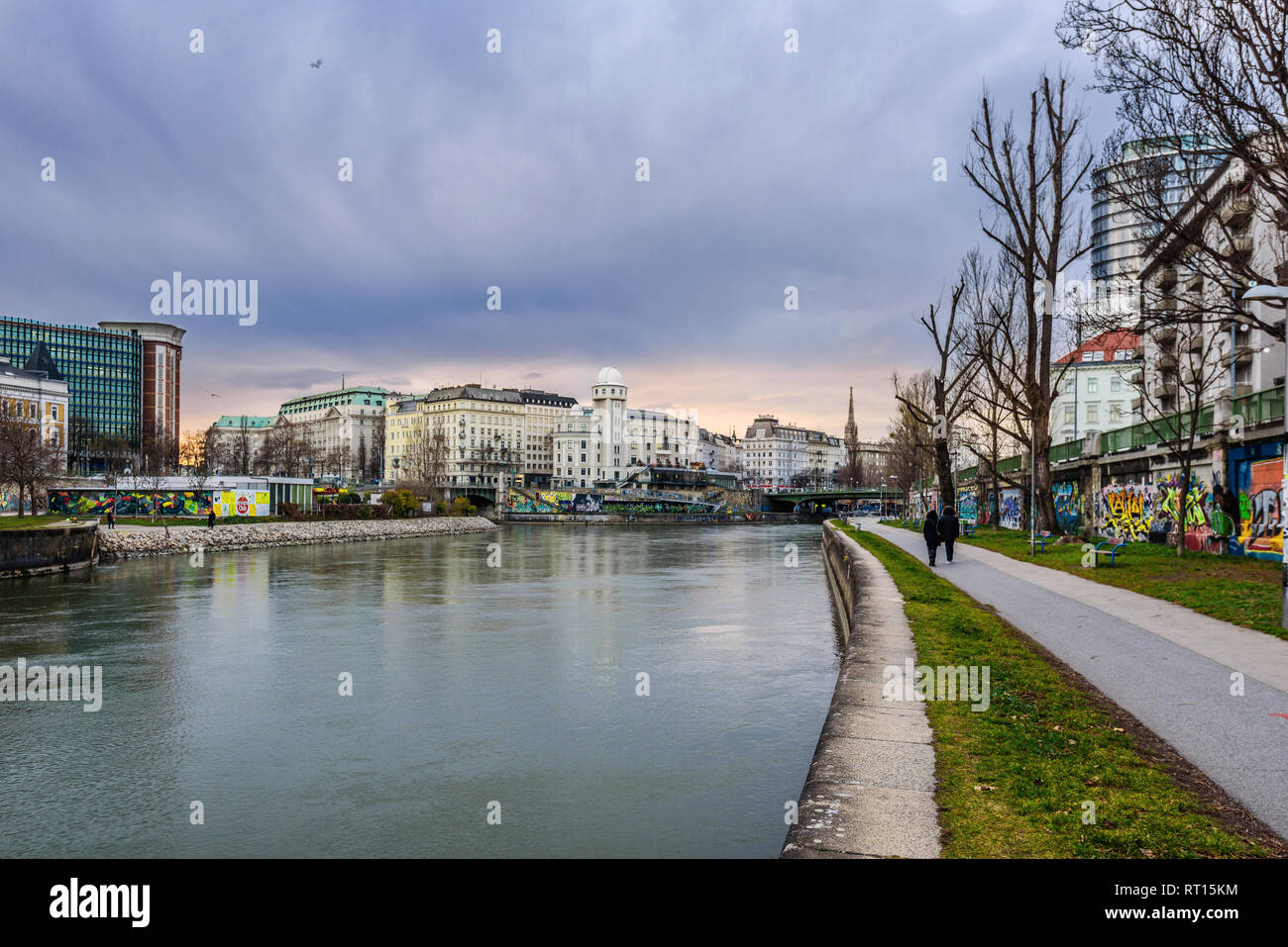 Vienna, Austria - December 29, 2017. Day view of Danube canal flows ...