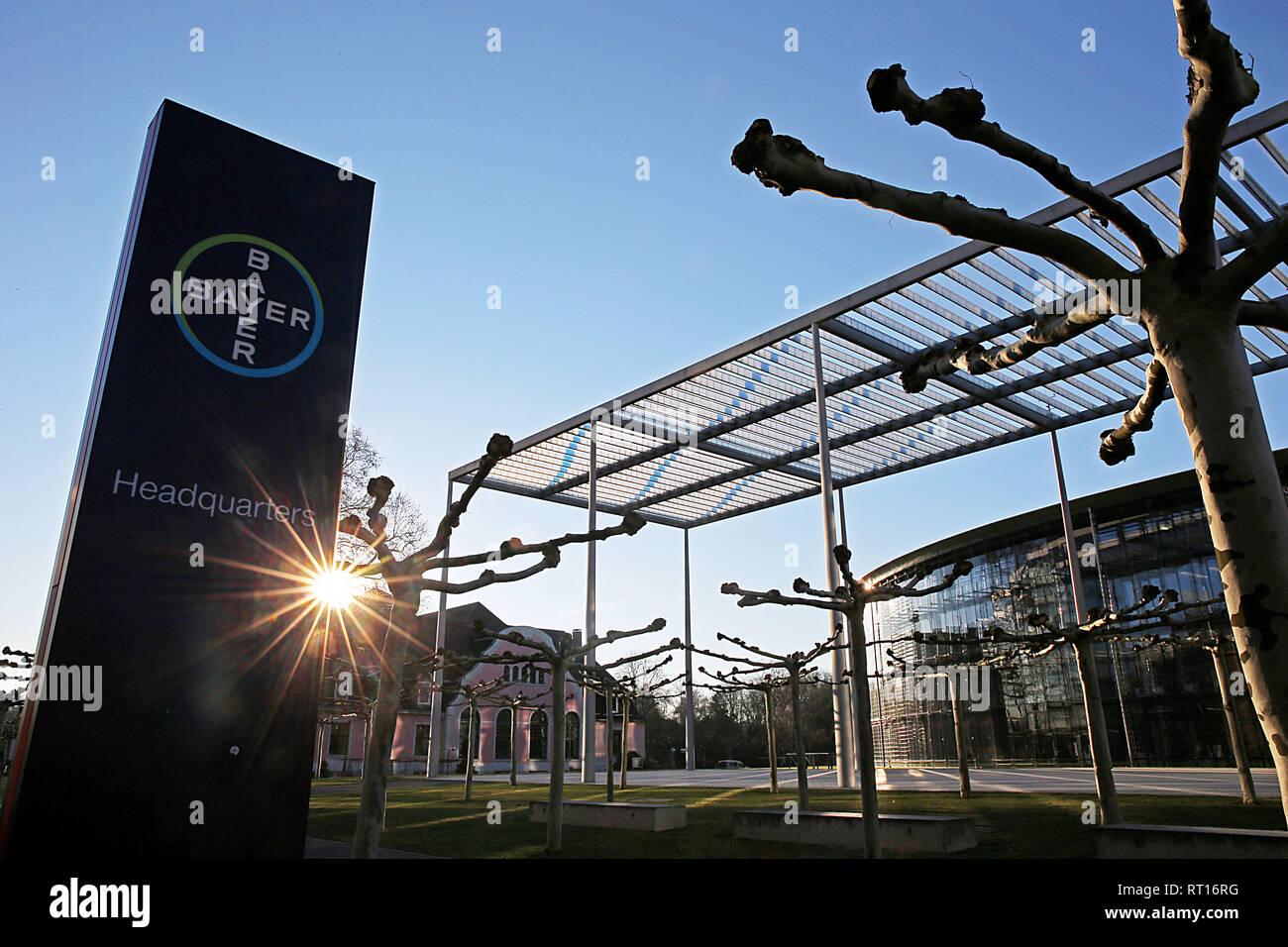 Leverkusen, Germany. 27th Feb, 2019. A Bayer logo stands in front of ...