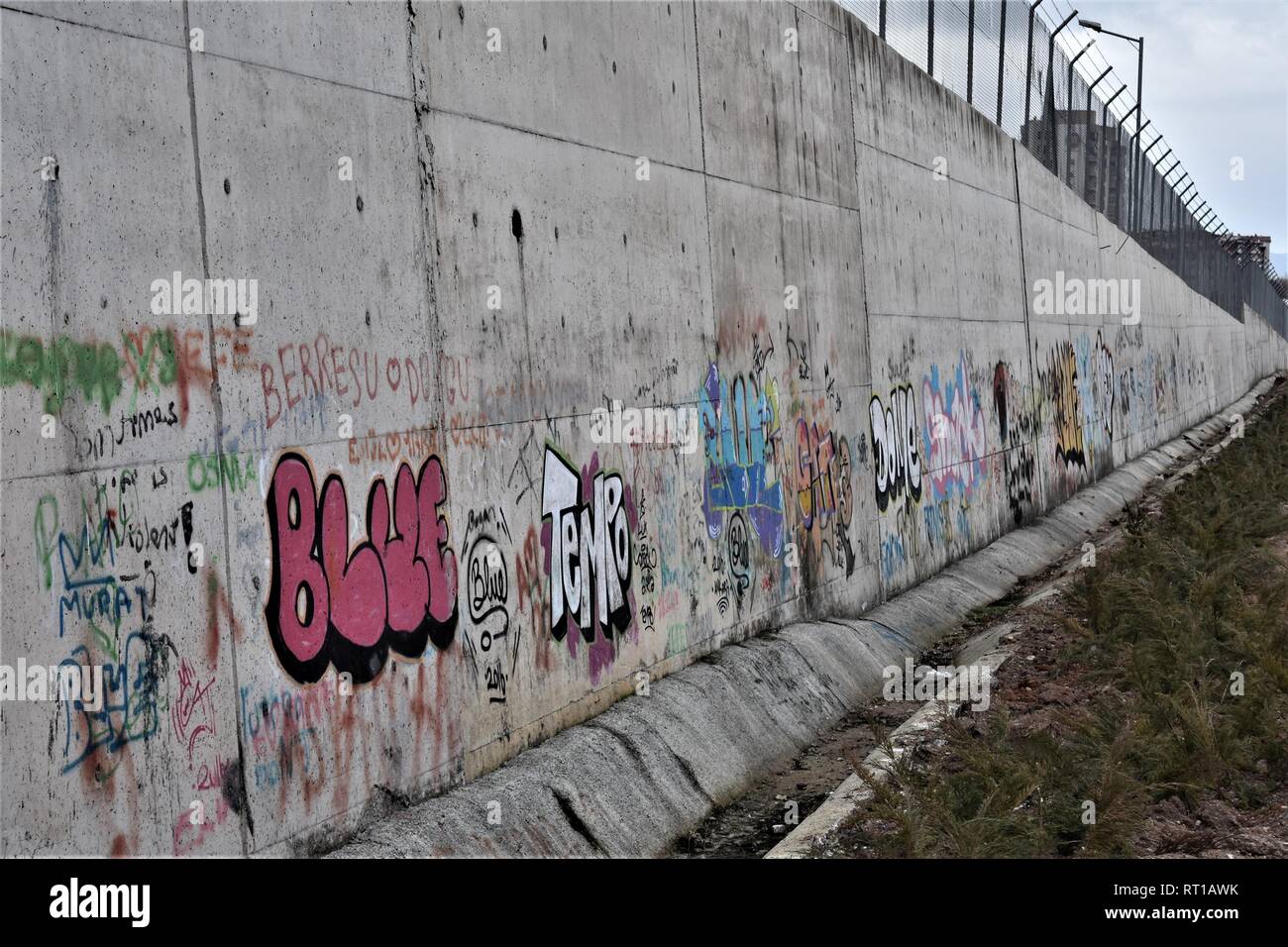 Ankara, Turkey. 14th Feb, 2019. Graffiti are displayed on the walls of ...