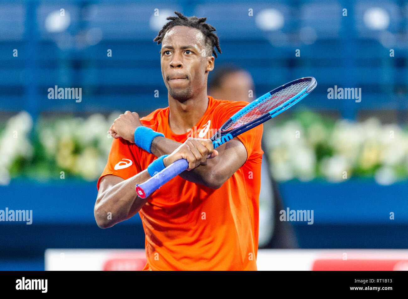 Dubai, UAE. 27th Feb, 2019. Gael Monfils of France acknowledges the ...