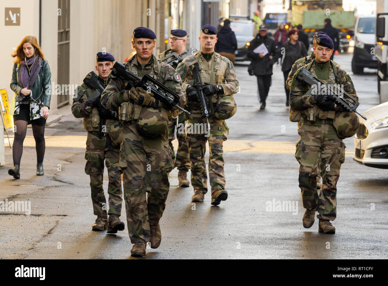 Lyon, France, February 27th 2019: French soldiers are seen in Lyon ...