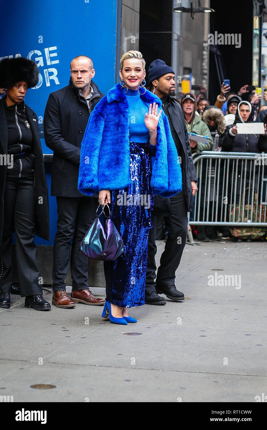 New York, USA. 27th Feb, 2019. Singer Kate Parry is seen in the Times ...