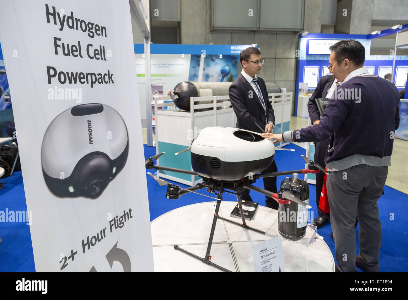 Tokyo, Japan. 27th Feb, 2019. Visitors look at a Hydrogen Fuel Cell ...