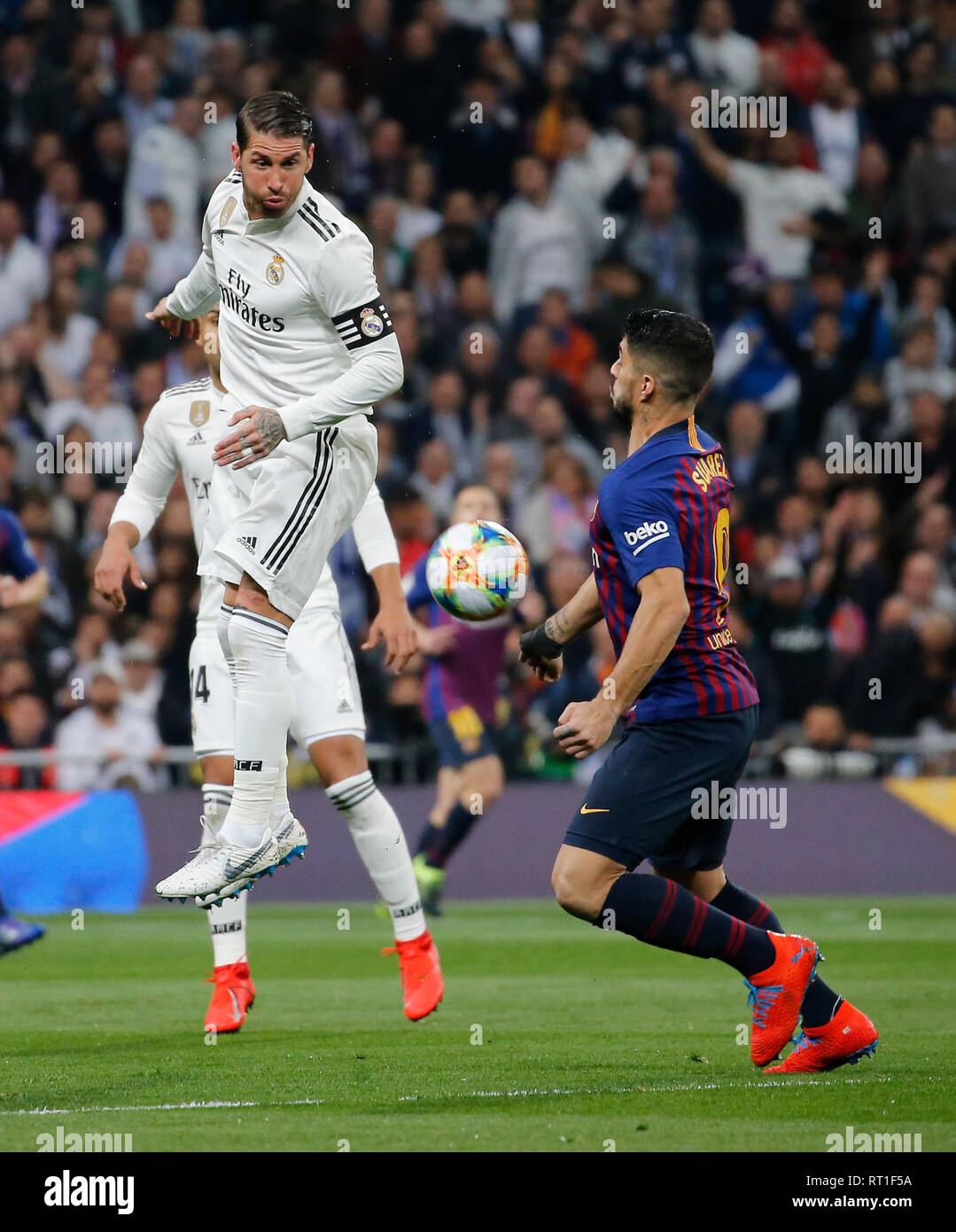 Madrid, Spain. 27th Feb, 2019. Sergio Ramos and Luis Suarez during Real ...