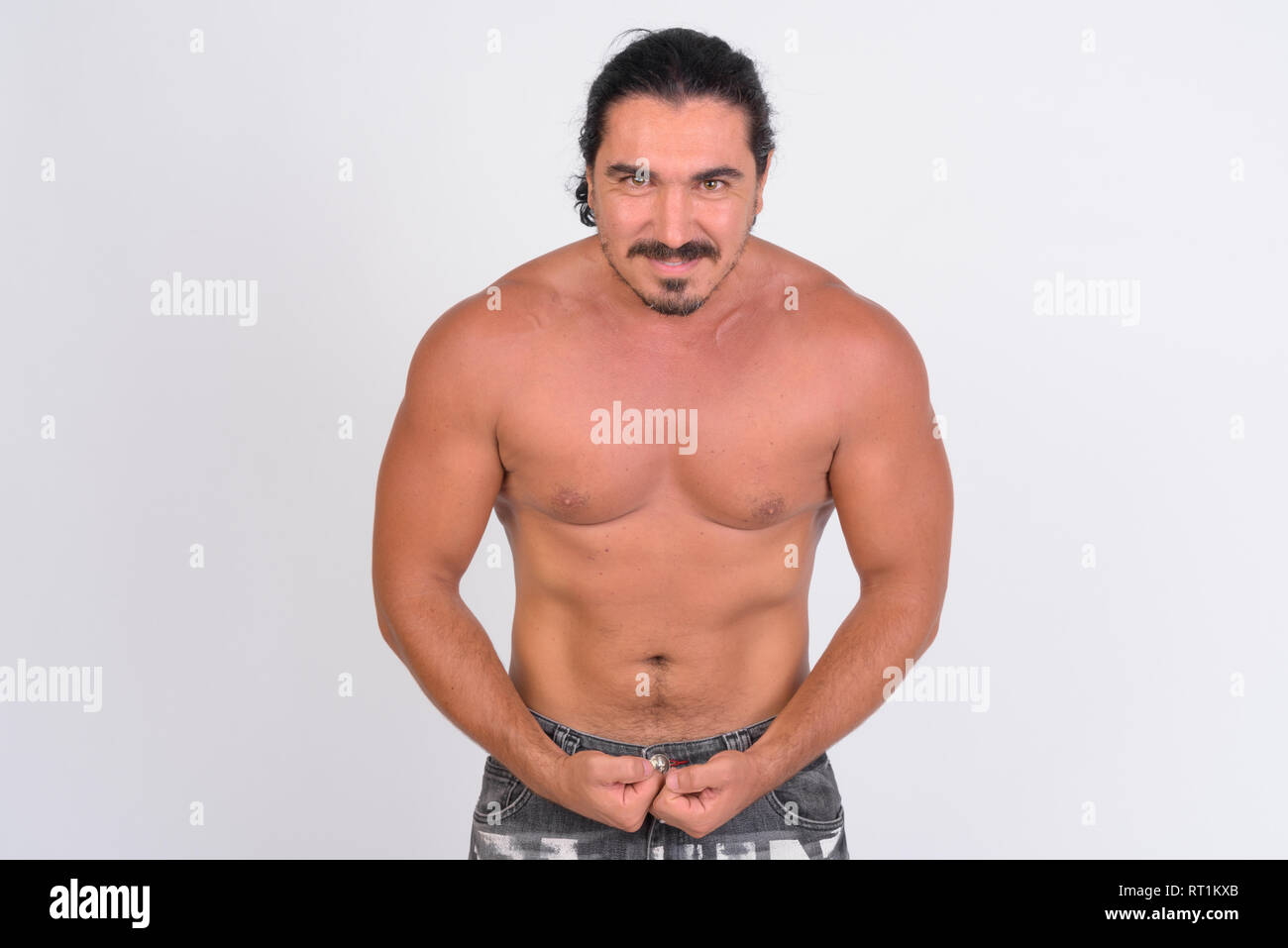 Shirtless handsome macho man with mustache flexing biceps Stock Photo ...
