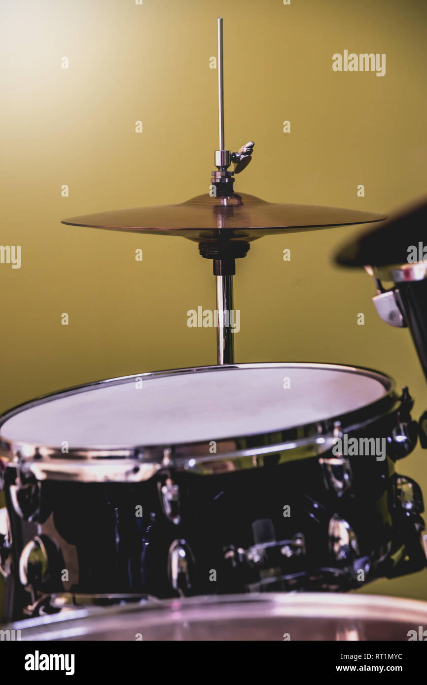 Close up view on drum set in the jam studio or music school academy ...