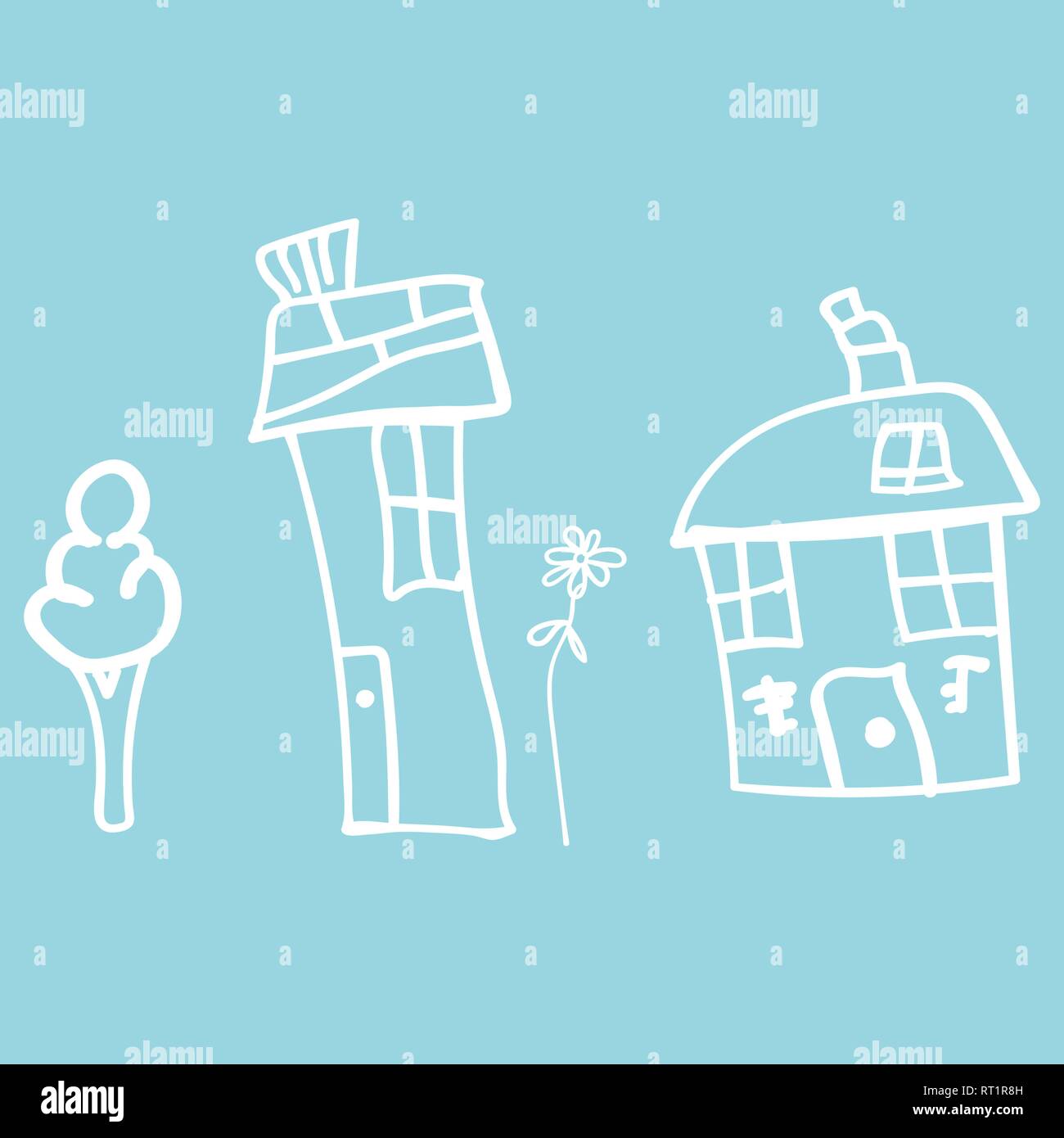 Kids drawing houses and plants in doodle style. Outlined and isolated ...