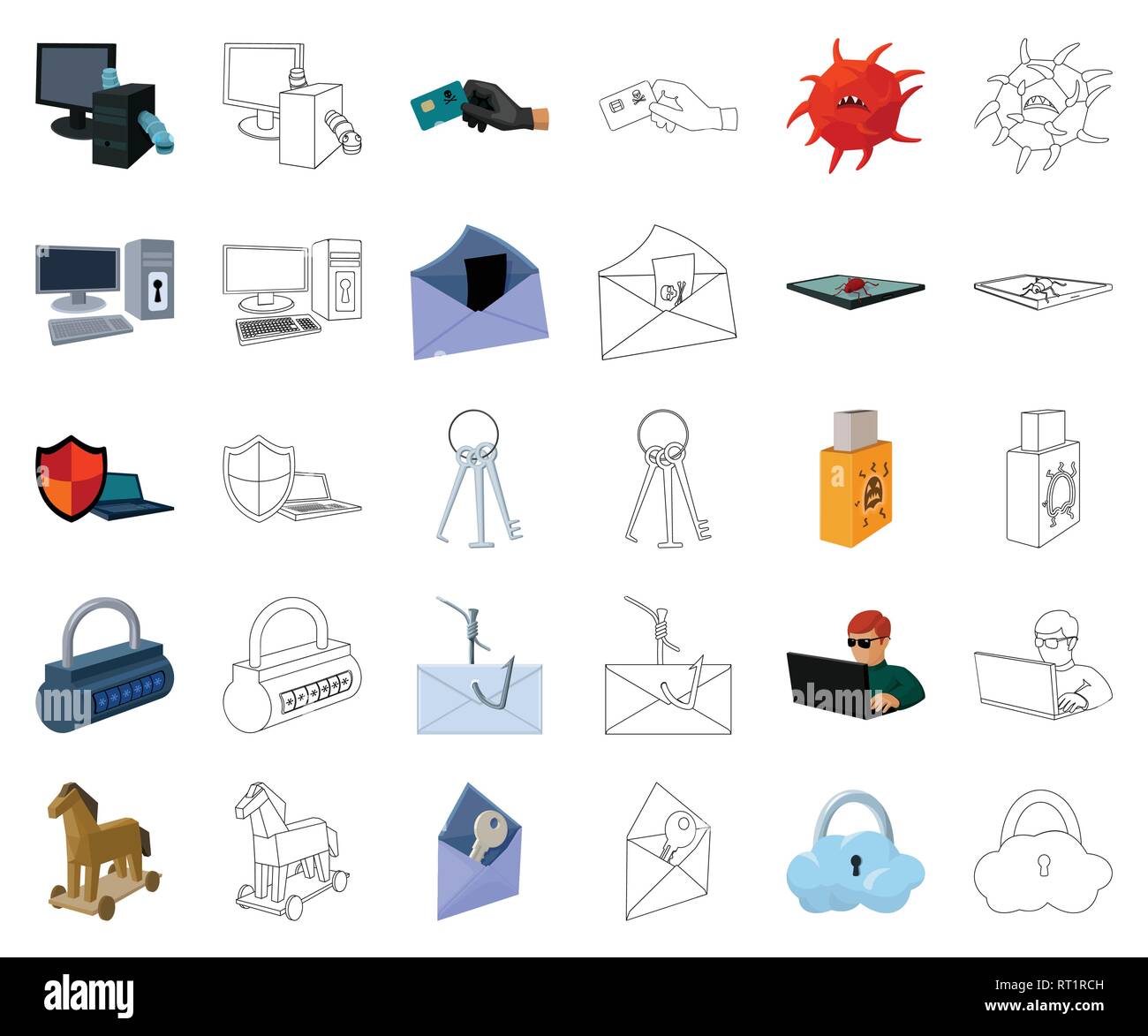 Hacker and hacking cartoon,outline icons in set collection for design. Hacker and equipment ...